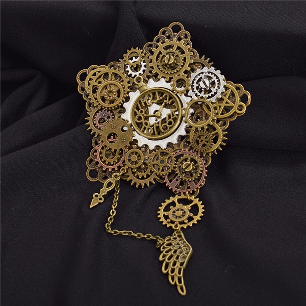 Vintage Steampunk Gear Clock Wings Pentastar Brooch Breastpin | Wish
