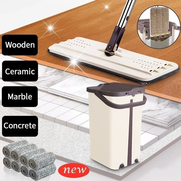 Hand-Free Flat Squeegee Mop and Bucket Wringing Floor Cleaner Easy Self ...