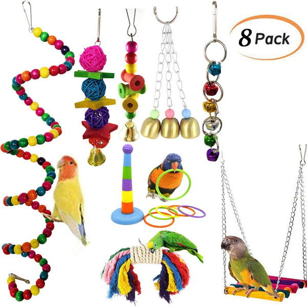 8 PCS Parrot Toys Bird Bite Toy Funny Swing Wooden Balls Bell Colorful ...