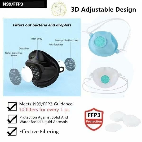 N99 / FFP3 Grade Protective Mask With 10 Filter Valve Food Grade Silicone Mask | Wish