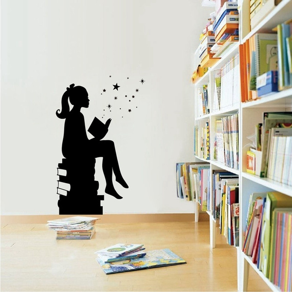 DIY Girl Reading Books Magic Vinyl PVC Wall Art Decal Libraries Wall ...