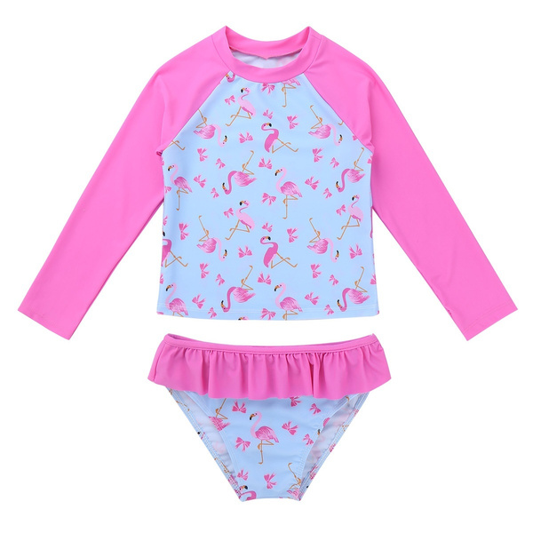 Kids Girls Long Sleeve Rash Guard Tankini Set Flamingo Print Swimwear ...