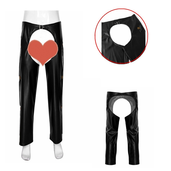 Mens Wild West Cowboy Costume Faux Leather Crotchless Chaps with Fringed Details Buckled Loose ...