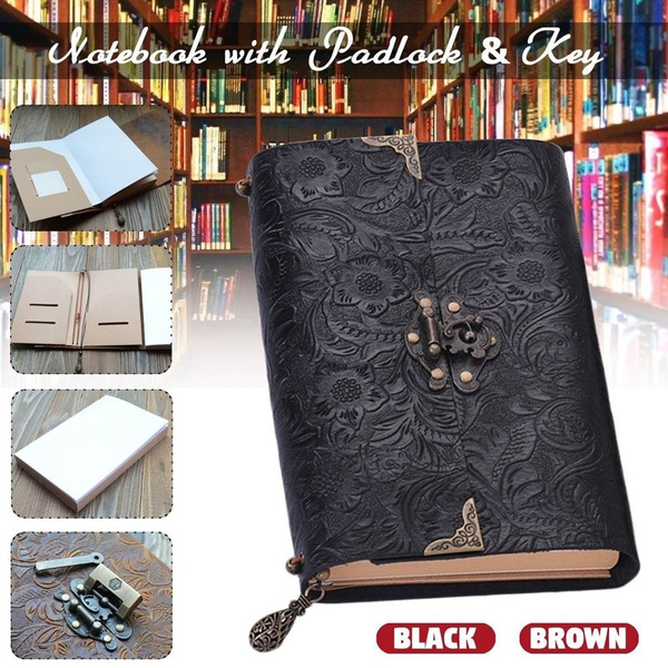 Embossed Pattern Soft Leather Travel Notebook with Lock and Key Diary ...