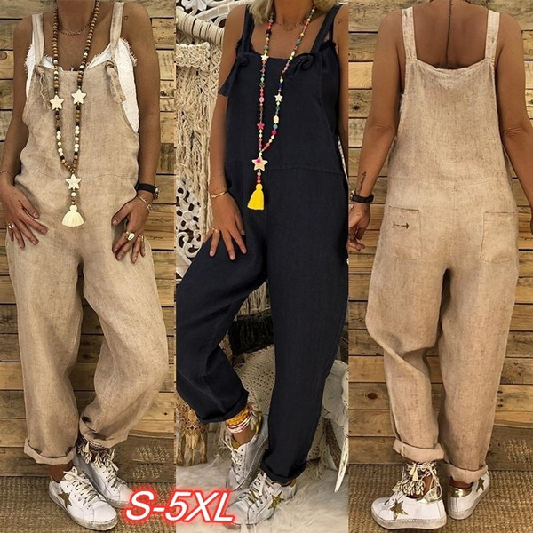 S-5XL Plus Size Women Summer Casual Loose Solid Color Vintage Overalls ...