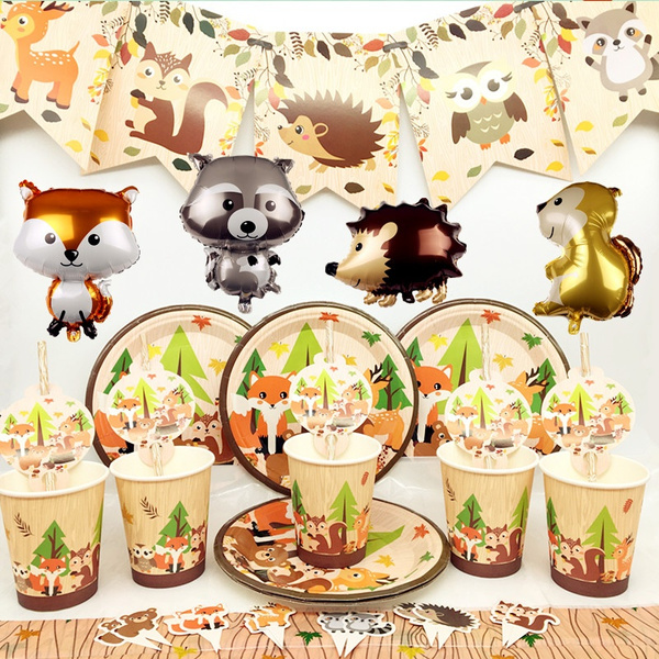 66pcs New Woodland Animals Theme Party Decorations Paper Plates Cups ...