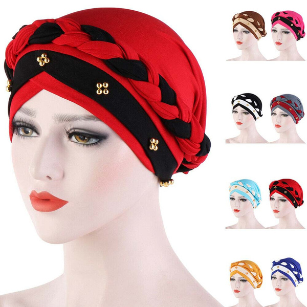 Girls Bead Fashion Double Color Milk Shreds Wrap Hat Muslim Hijab ...