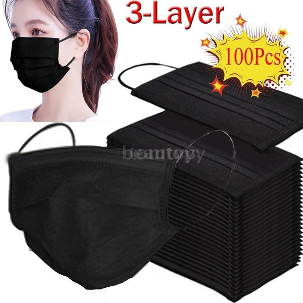 100PCS / 50PCS Disposable Face Mask Black Adaptable Nose Bar 3-Layer ...
