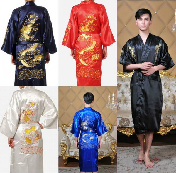 Vintage Chinese Dragon Long Mens Satin Silk Home Robe Embroidery Male