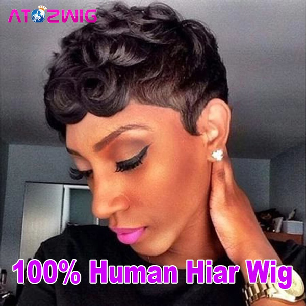 Real Brazilian Remy Human Hair Short Curly Wavy Pixie Cut Wigs That ...