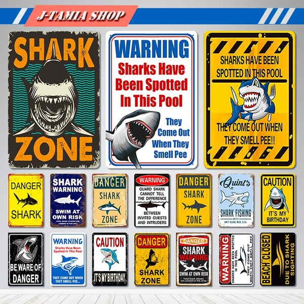Warning Shark Infested Area Funny Signs Metal Tin Sign Pool Beach ...