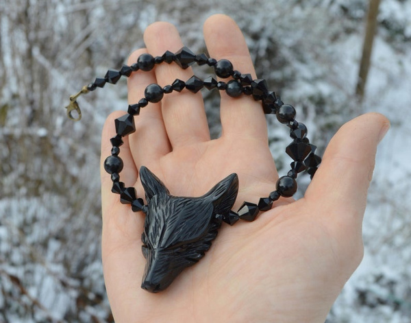 Black wolf necklace, gothic jewelry, black crystal choker, obsidian ...