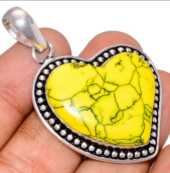 HEART SHAPE YELLOW HOWLITE GEMSTONE Handmade Silver Pendant Necklace ...