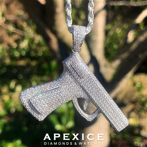 Hiphop Full Diamonds Glock Pistol Pendant Cuban Chain Necklace Iced Out ...