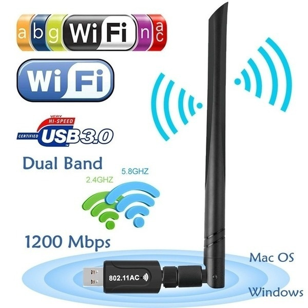 1200 Mbps Dual Band 2.4GHz 5GHz Wireless USB 3.0 WiFi Dongle Adapter ...