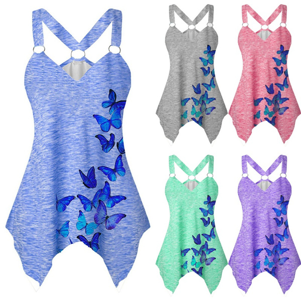 Women's Fashion butterfly Pattern Print Vest Summer Sleeveless V-collar ...