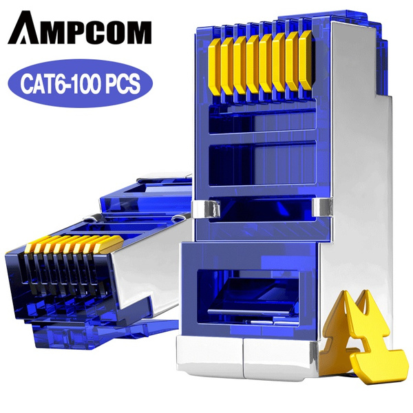 AMPCOM CAT6 Shielded RJ45 Modular Plug Connector 8P8C Crimp End Ethernet Cable Ethernet ...