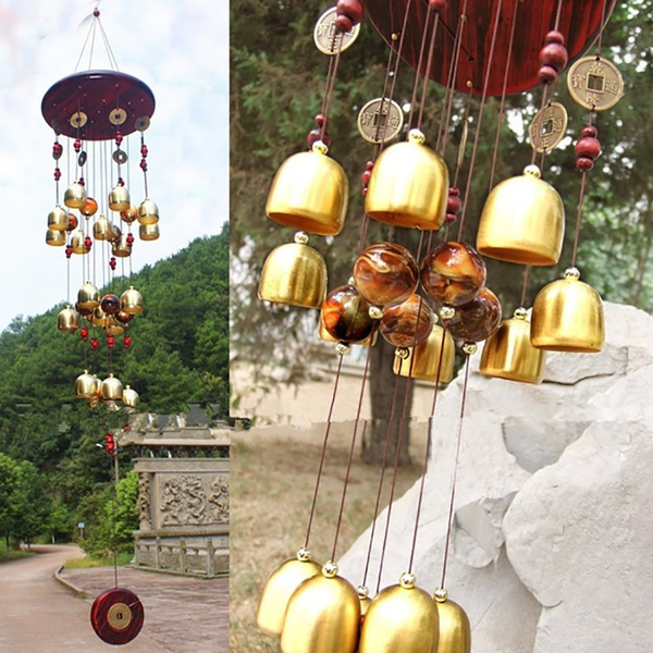 18 Copper Bells Wind Chimes Metal &Round Wood Yard Garden Outdoor Feng ...