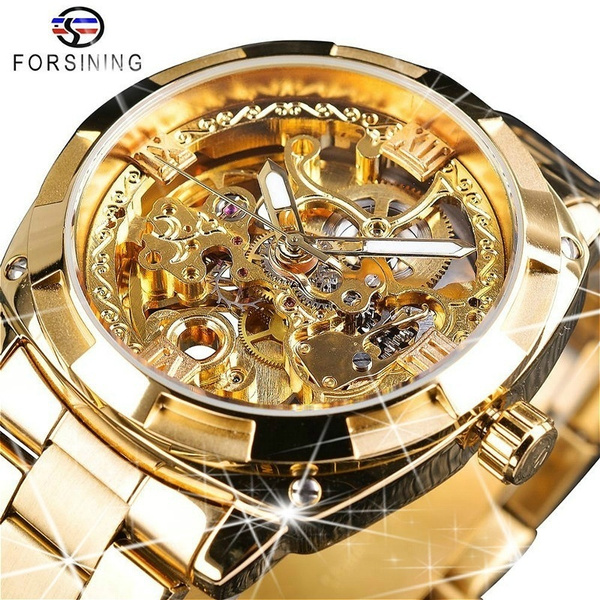 FORSINING Rétro Hommes Montre Mécanique Automatique Full Golden Design ...