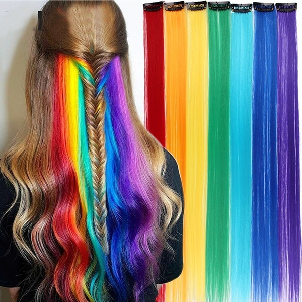 12 Colors Rainbow Highlighted Hair Extensions One Chip In Hair ...