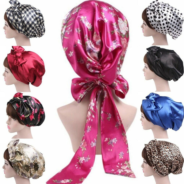 Women Silk Night Sleep Cap Hair Bonnet Hat Head Cover Satin Turban Wrap ...