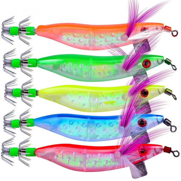 5pcs/lot Luminous Shrimp Squid Octopus Bait Fishing Jigs Hook Lures 10cm 8g 5 Colors Noctilucent ...