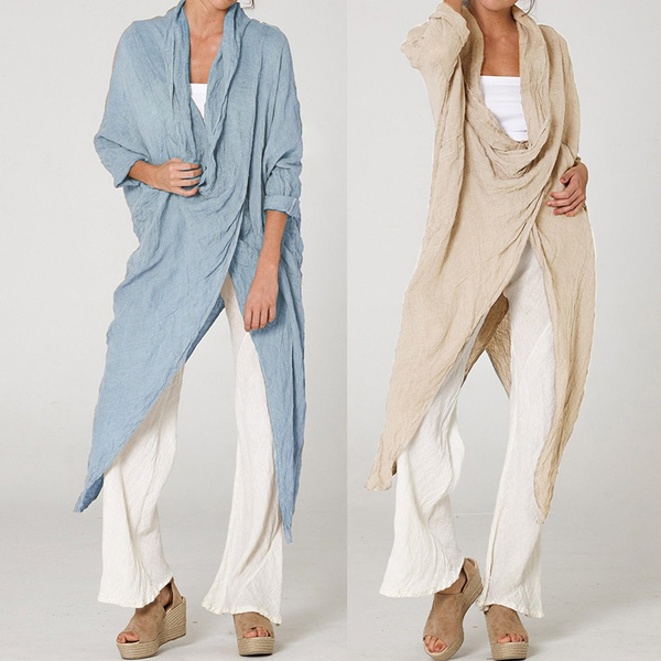 Women Light Comfy Solid Breathable Crinkle Long Sleeve Vintage ...
