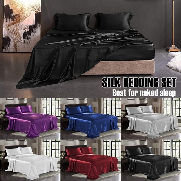 3/4 Pcs Luxury Pure Satin Silk Bedding Set Soft Reversible ...