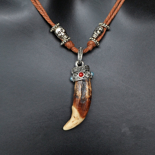 Men's Bone Pendant Tibetan Silver Amulet Fangs Natural Real Dog Tooth ...
