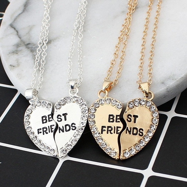 Best Friend Heart Silver Rhinestone 2 Pendants Necklace Bff Friendship ...