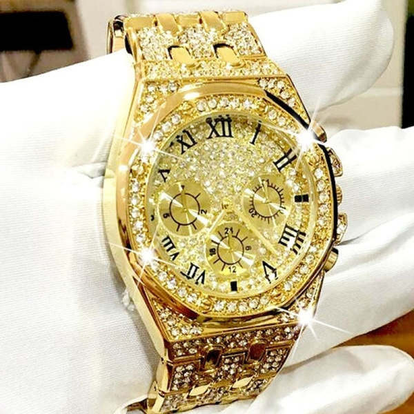 Bling Iced Out Watch Gold Plated Men Hip Hop Gold Diamond Mens Watches ...
