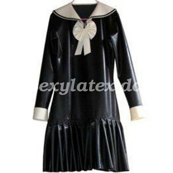 100% Latex Gummi Rubber Black School Uniform Dress Catsuit Anzug Damen