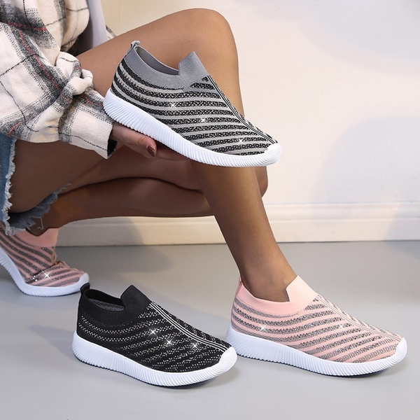 Women Super Light Casual Shoes Woman Slip on Crystal Flats Knitted Mesh ...