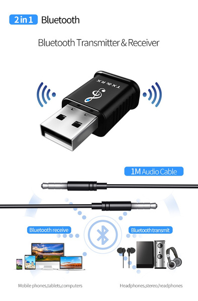 New 2 In1 USB Wireless Bluetooth 5.0 Transmitter Receiver Stereo Audio ...
