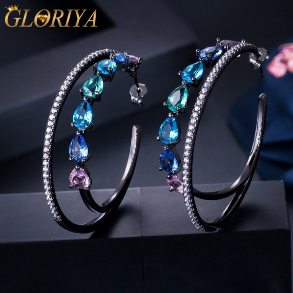 Gloriya Vintage Water Drop Colorful CZ Black Gold Plated Large Double ...