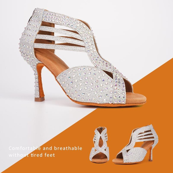 Latin Black Rhinestone Dance Shoes Women Salas Ballroom Shoes Cuban ...