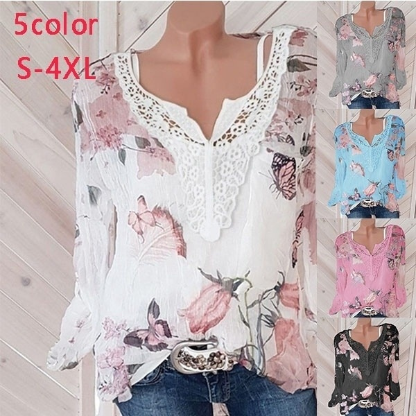 Long Sleeve Chiffon Printed V-neck Shirt with Women's Fashionable ...