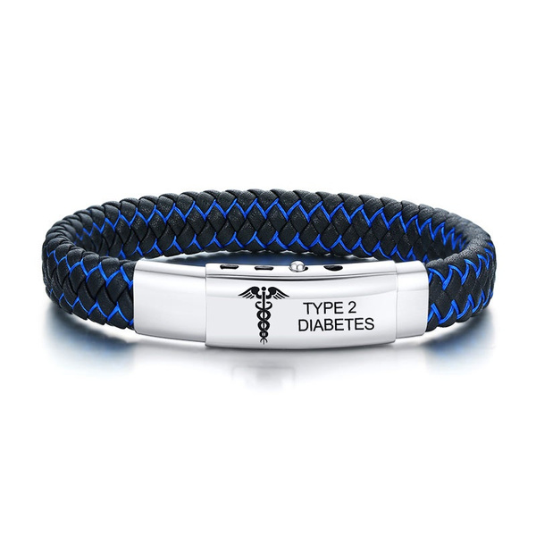 Braided Leather Bracelets for Men Stainless Steel DIABETES Medical ...