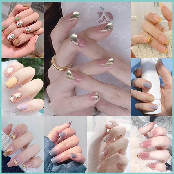 24pcs Jelly Color False Nail Blooming Jump Color Wearable Fake Nail ...