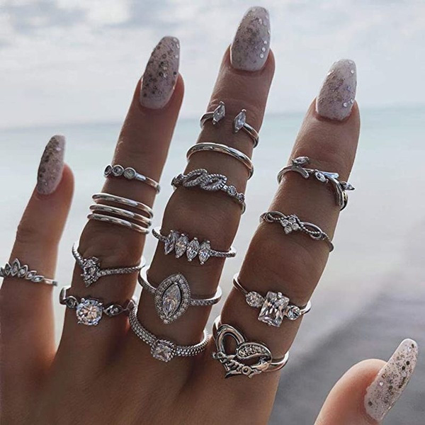 15Pcs/Set Bohemia Heart Crystal Crown Finger Ring Set 925 Sterling ...