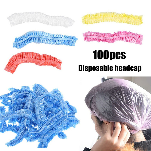 100 Pcs Disposable Hair Net Dust Proof Cap Head Cover Plastic Shower ...