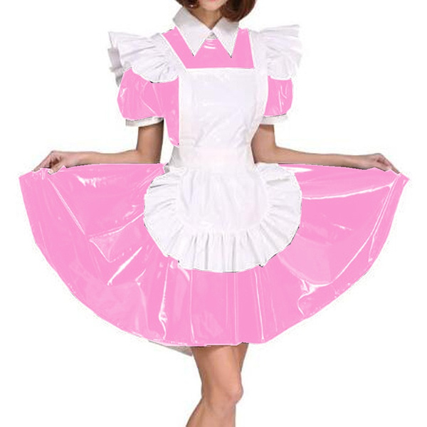 Plus Size Exotic Maid Cosplay PVC Uniform Women Wet Look Short Puff ...