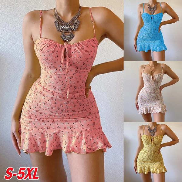 Womens Fashion Suspender Printed Camisole Sexy Low Neck Dress