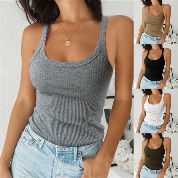 New Women Fashion Sleeveless Tops Slim Fit Solid Color Vest SummerTank ...