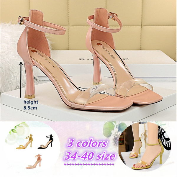 Women's Shoes Crystal Heel Open Toe Transparent Word Band Sandals High ...
