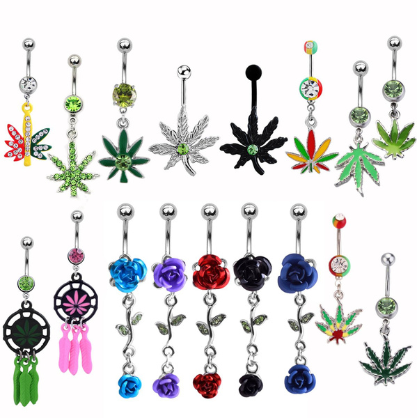 Maple of Leave Crystal Navel Ring Drop Dangle Body Piercing Surgical ...