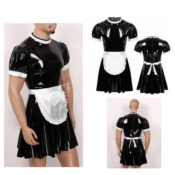 Sissy Maid Cosplay Costume Set Wet Look Maid Servant Uniform Flared