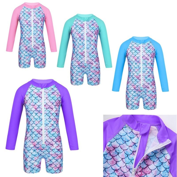 Baby Girls One Piece Long Sleeves Fish Scales Printed Shiny Swimwear ...