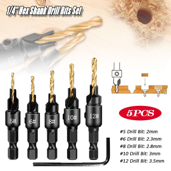 1/4'' Hex Shank Countersink 5PCS Titanum Coated Drill Bits Set with L ...