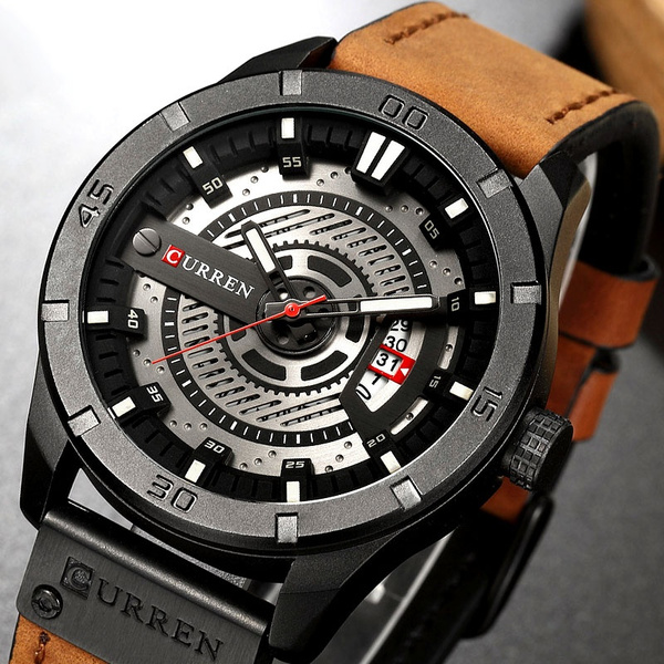 CURREN Men Watch Army Military Sports Watches Black Case Leather Strap ...